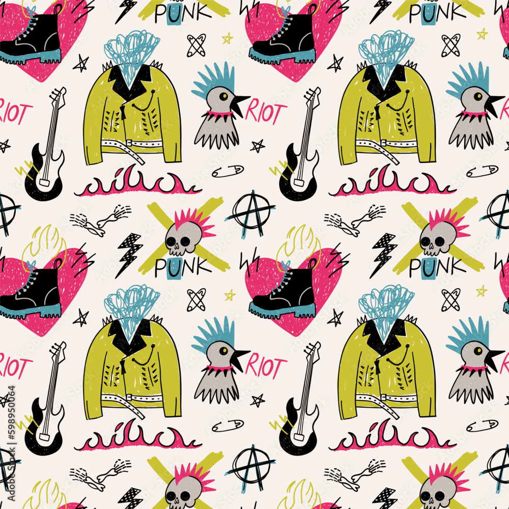 Punk seamless pattern. Hand drawn rock music elements. Leather jacket ...