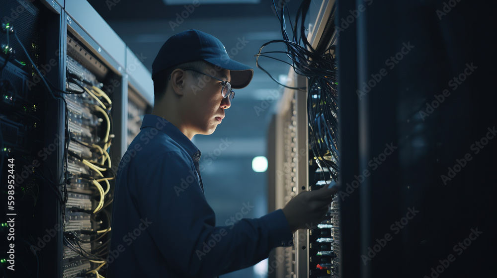 Illustration of a Avatar Engineer manager connecting data center on ...