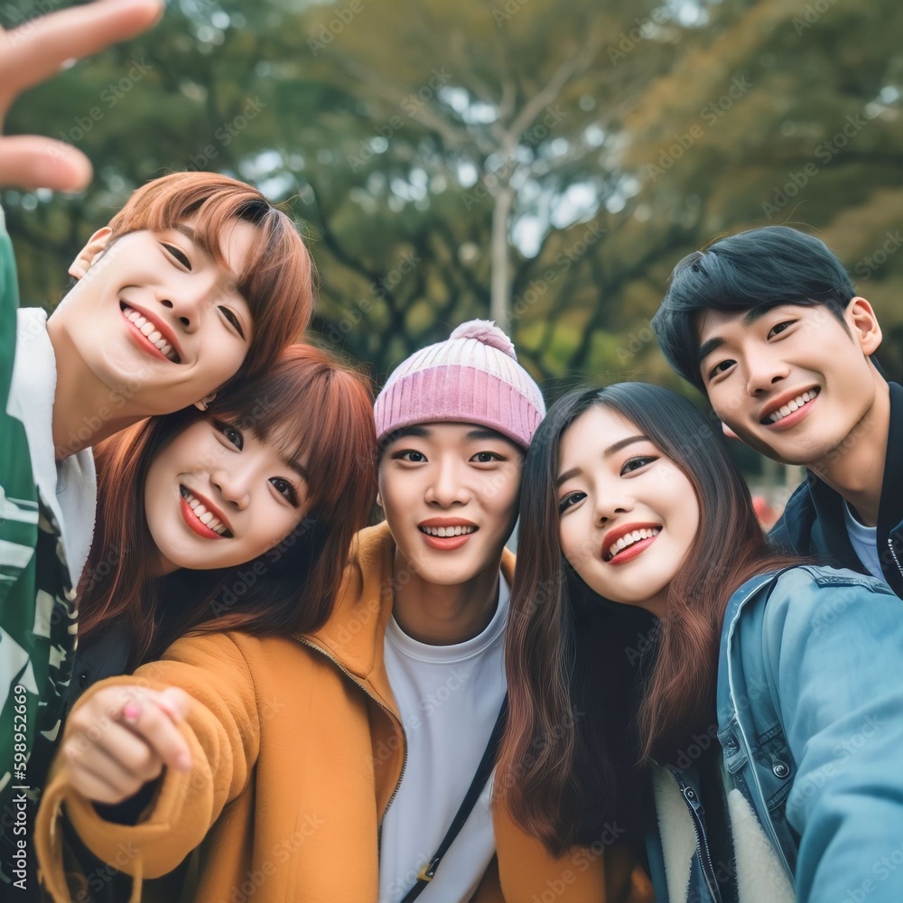 A group of Generation Z Asian friends having fun and taking selfies in ...
