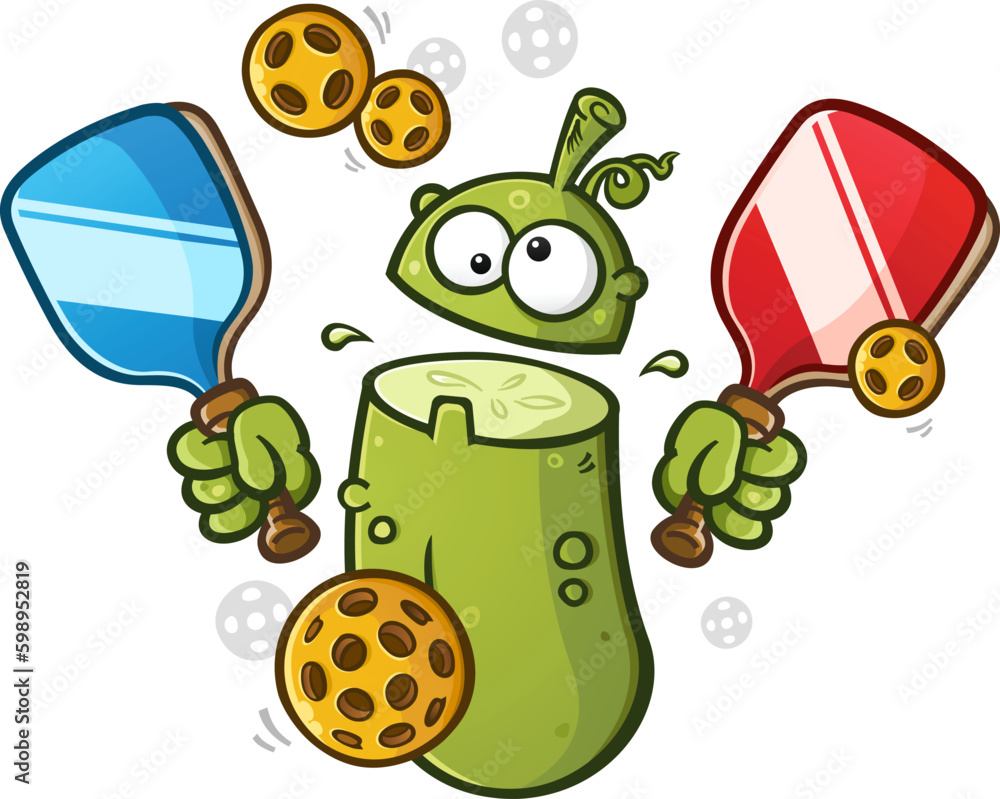 Crazy energetic pickleball pickle cartoon mascot playing pickleball ...