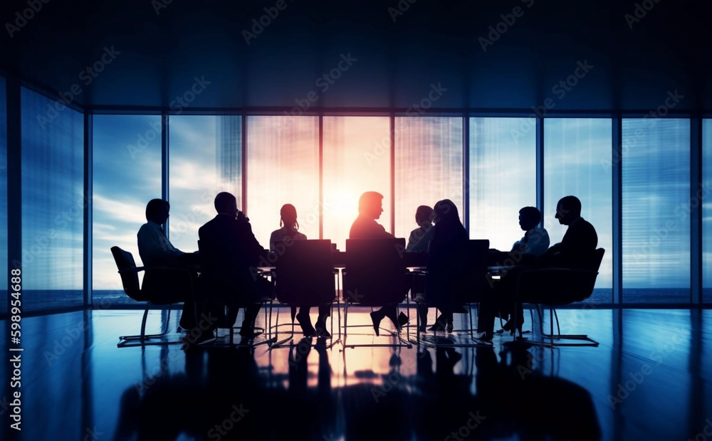 Several people at table gathered around conference table in style of ...