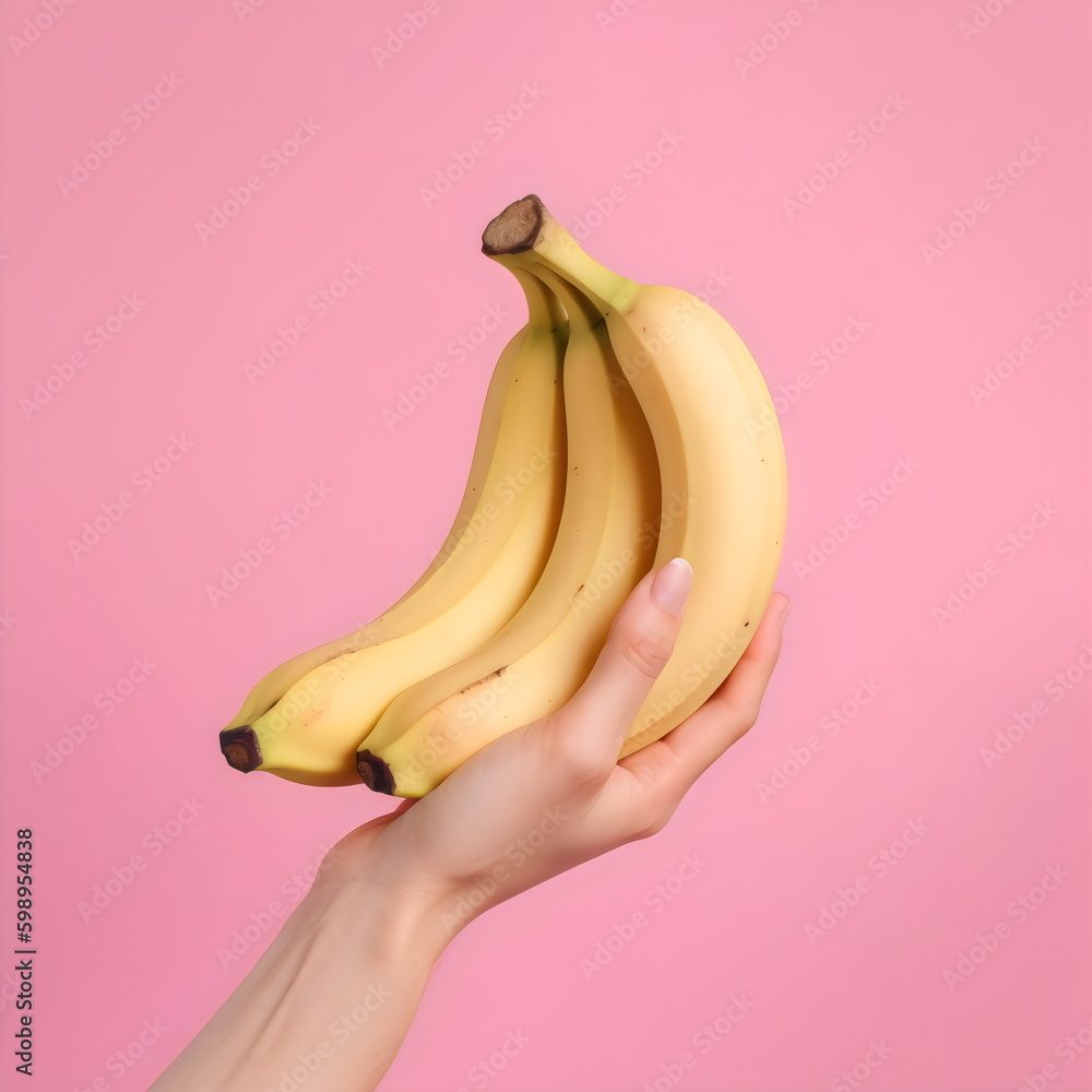 hand holding bunch of bananas isolated on pink background, 3D rendering ...