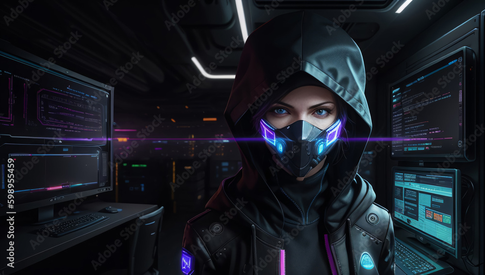 Cybertech Woman Hacker in Black Hoodie Leather Jacket Face Mask Neon ...