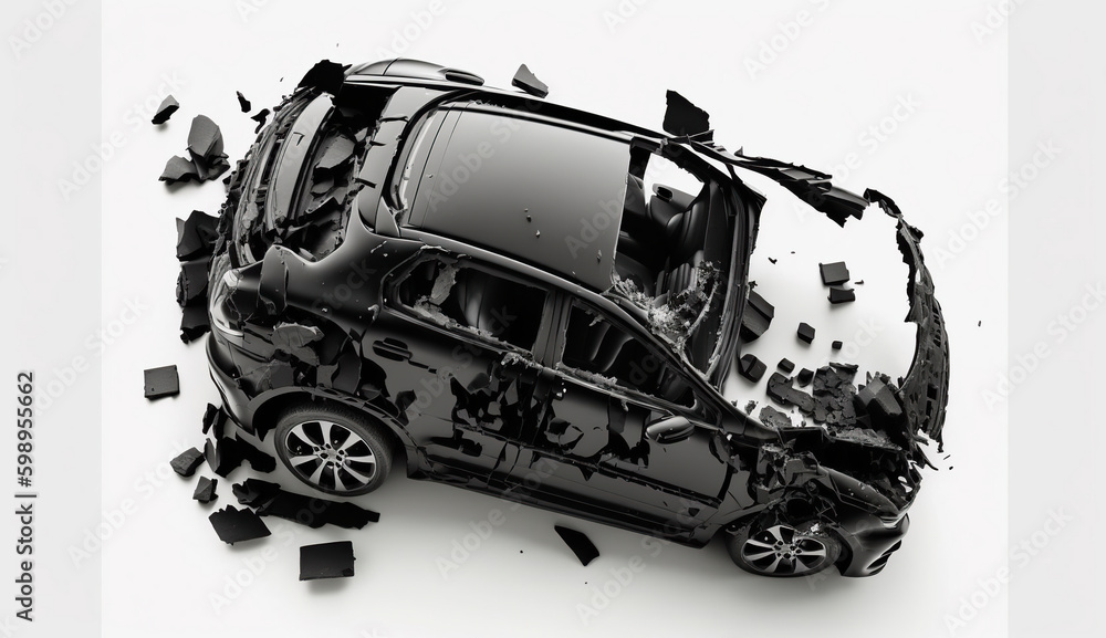 black car get damaged by accident on the road. Isolated on white ...