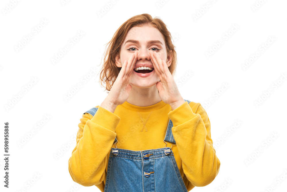 Portrait of redhead young woman screaming into her palms on white ...
