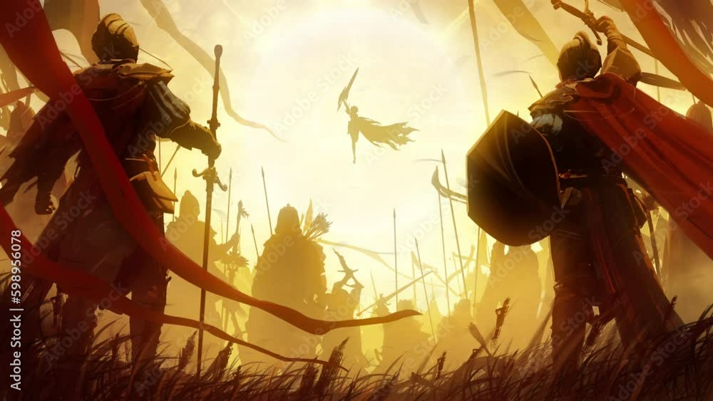 A jubilant army of knights in plate armor with swords and shields ...