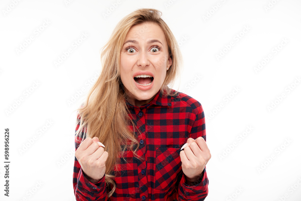 Portrait angry blonde young woman screaming isolated on white studio ...