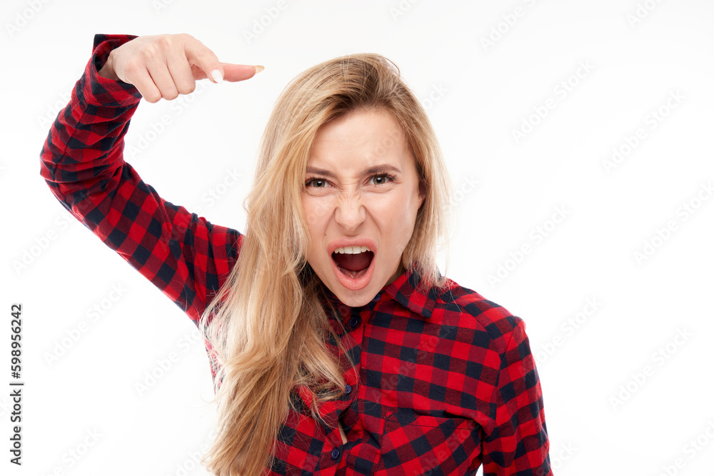Portrait angry blonde young woman screaming isolated on white studio ...
