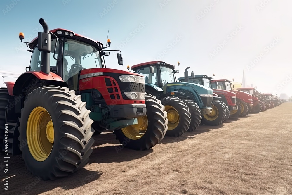 Exhibition - new tractors lined up next to each other in a row created ...