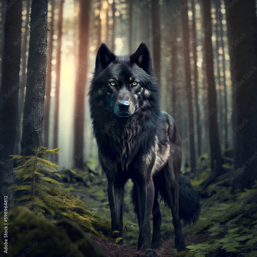Black wolf in the woods Stock Photo | Adobe Stock