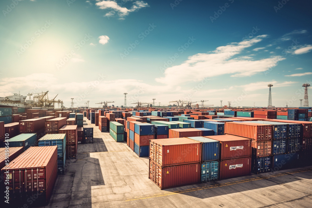 Rows of cargo containers rest atop massive container ships docked at an ...