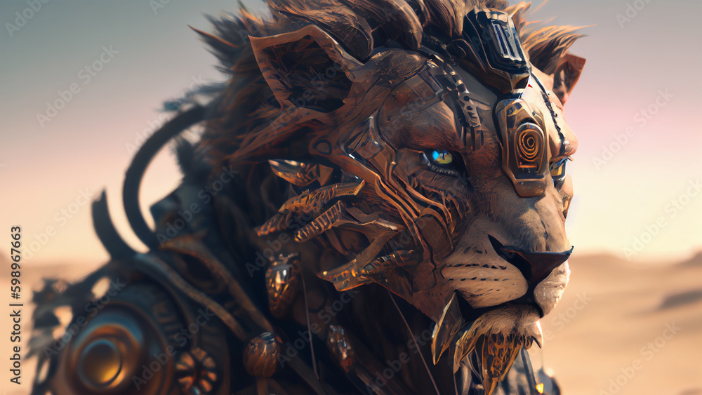 Lion head cyborg with cyberpunk style at desert with a scary face ...