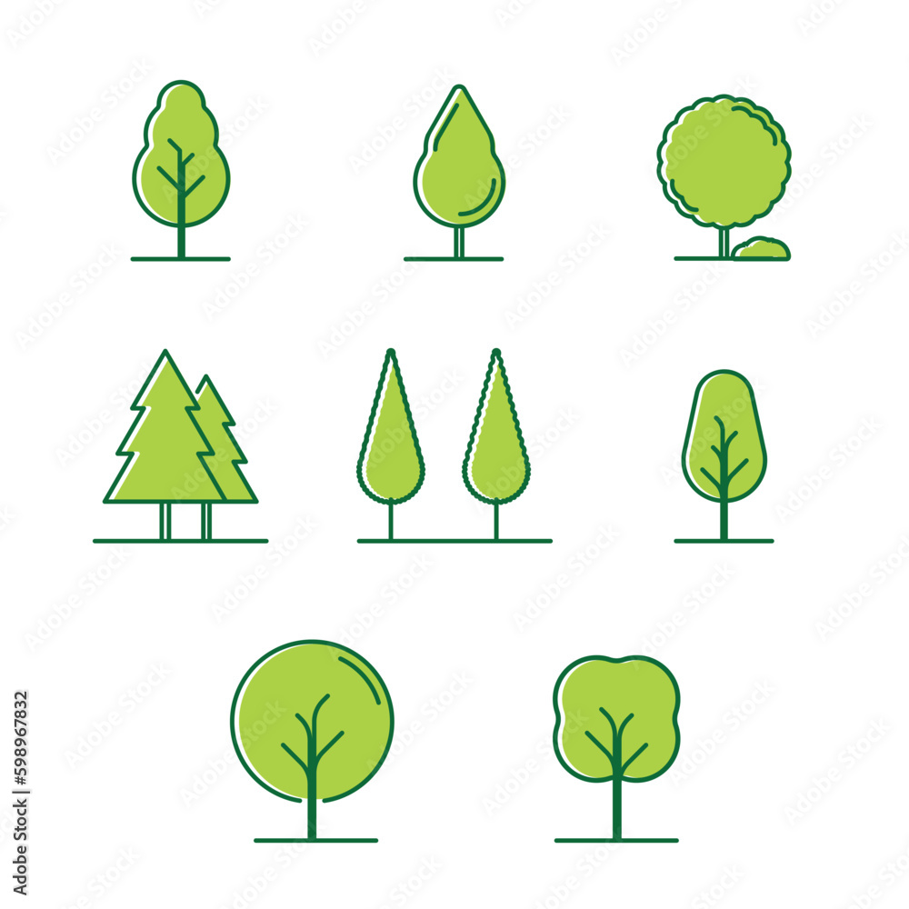 Tree Icons Lineart Landscaping colorful Nature vector Icons Tree Symbol ...