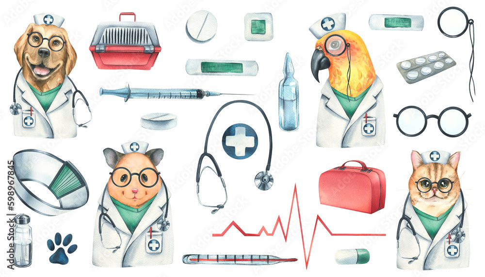 Medical set with animal doctors cat, dog, parrot and hamster ...