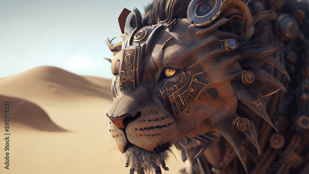 Lion head cyborg with cyberpunk style at desert with a scary face ...