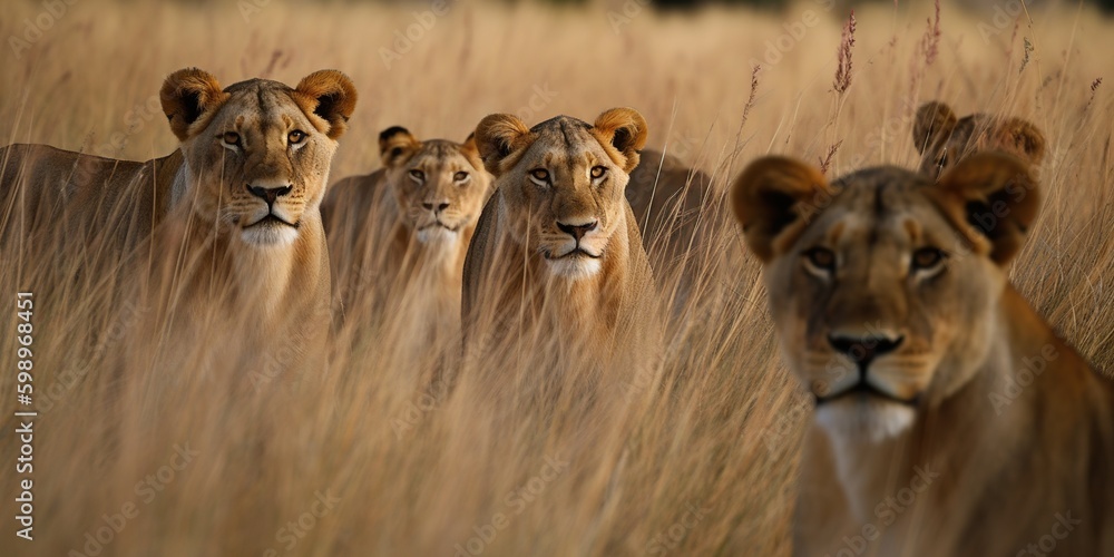 A pride of lions stalking their prey through the tall grass, concept of ...