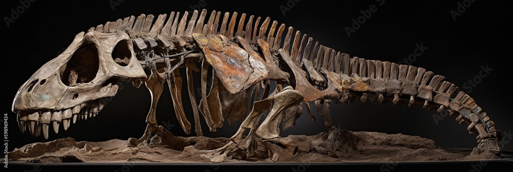 Striking image of a dinosaur fossil, with its intricate bone structure ...