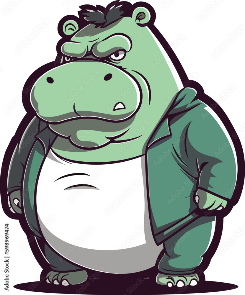 Angry Hippo mascot in green dress, cartoon vector illustration isolated ...