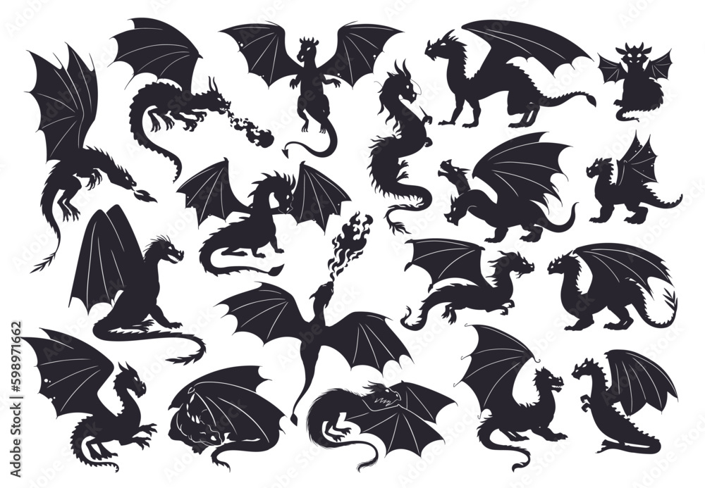 Flying dragons silhouettes. Fire breathing reptiles, winged medieval ...