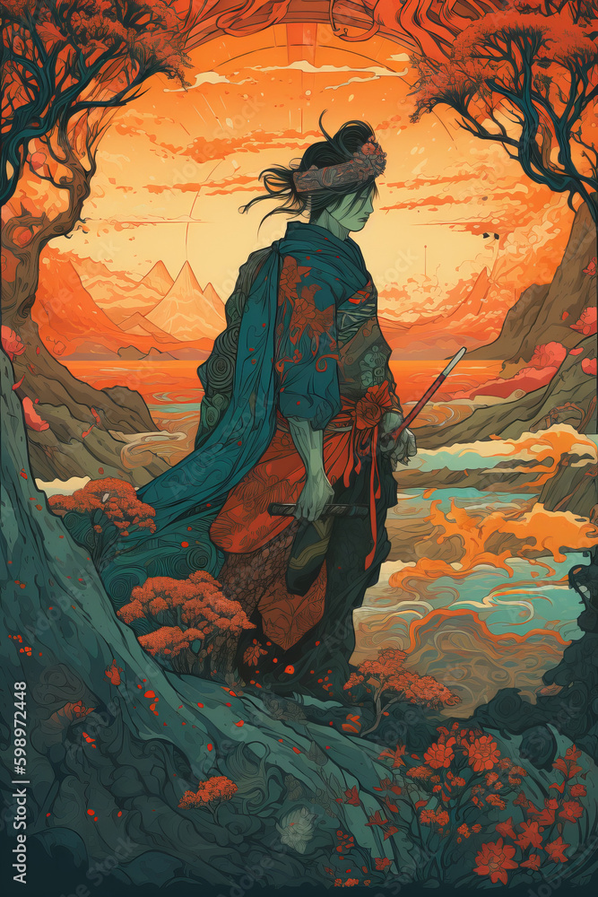 A painting of a samurai, psychedelic art, highly detailed, refracted ...