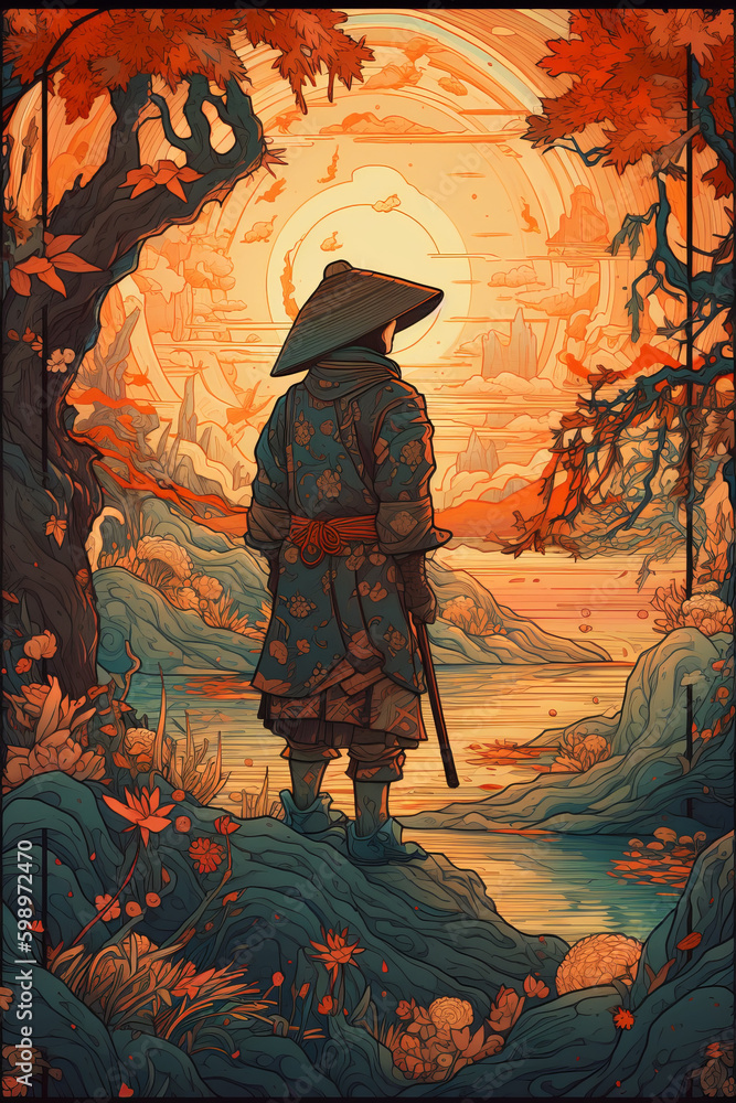 A painting of a samurai, psychedelic art, highly detailed, refracted ...