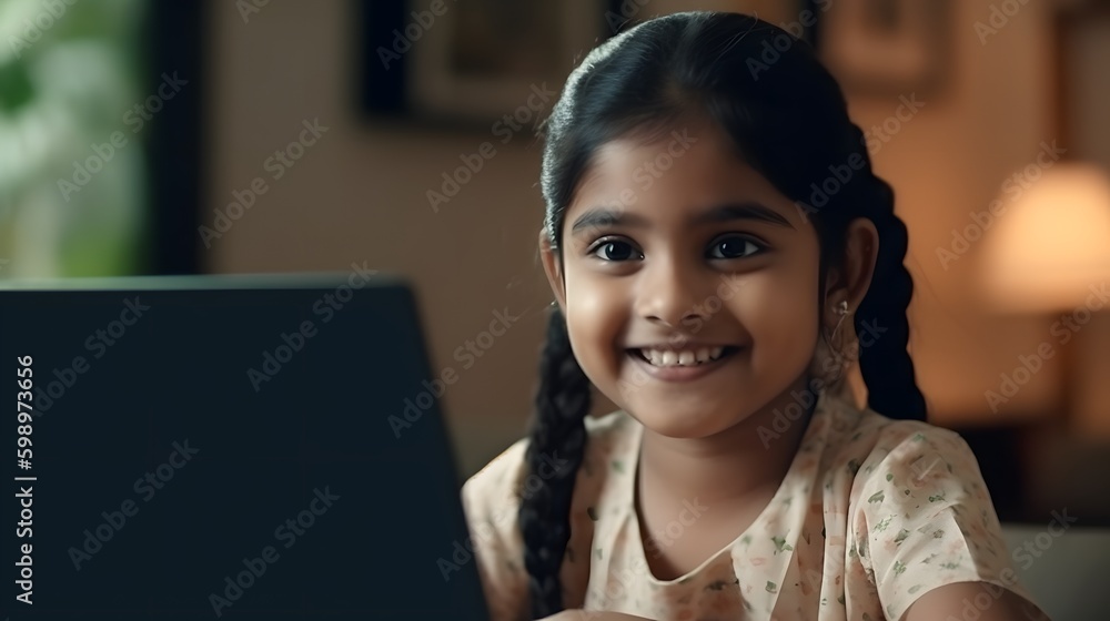 Indian girl student video conference e-learning with teacher and ...