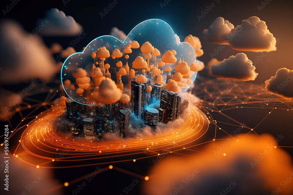 Cloud computing technology concept. Cyber security. Smart city and digital cloud data center ...