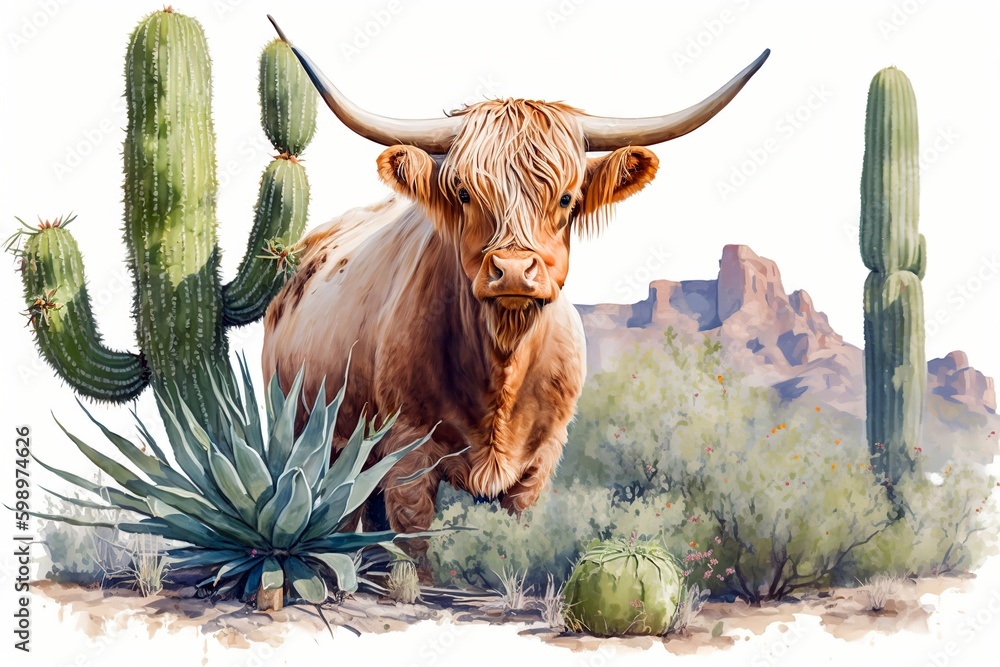Highland Cow Wall Art, Highland Cow in the Desert, Cactus, Sand ...