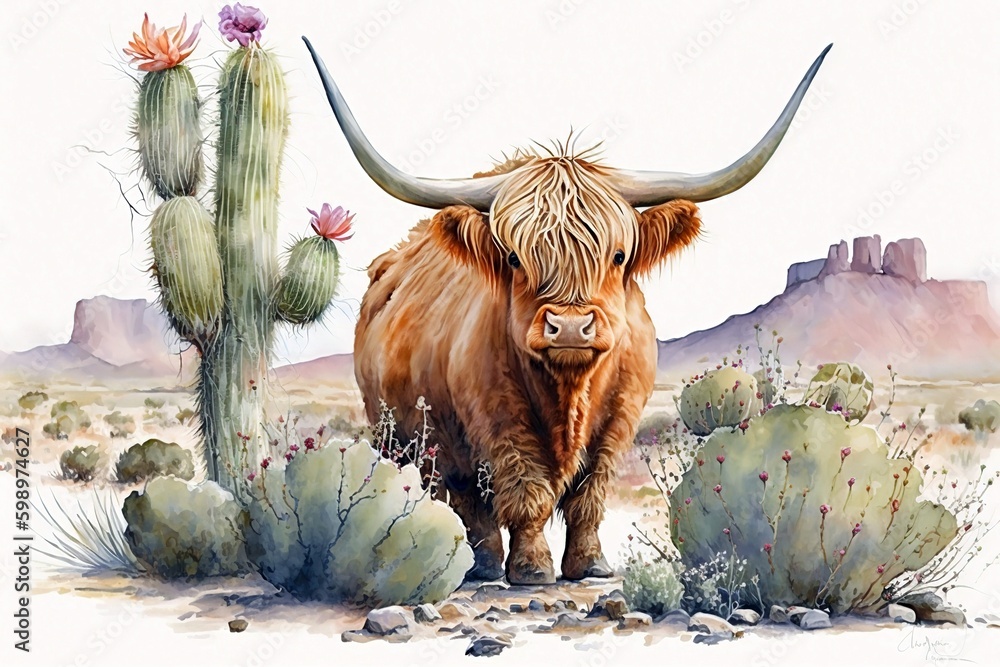 Highland Cow Wall Art, Highland Cow in the Desert, Cactus, Sand ...