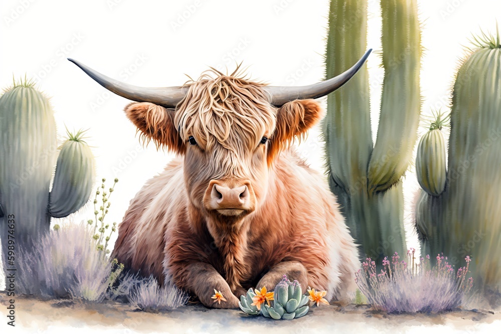 Highland Cow Wall Art, Highland Cow in the Desert, Cactus, Sand ...
