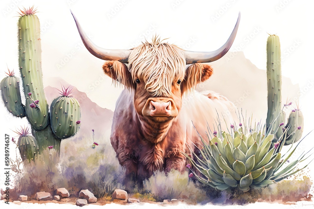 Highland Cow Wall Art, Highland Cow in the Desert, Cactus, Sand ...