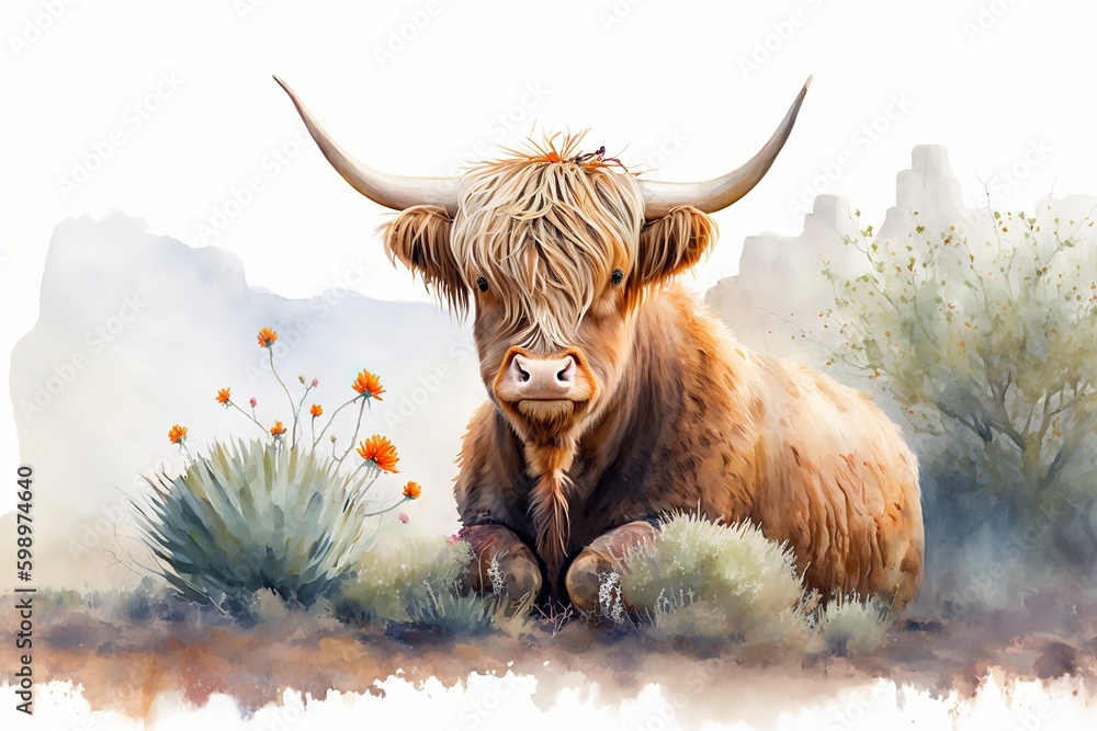 Highland Cow Wall Art, Highland Cow in the Desert, Cactus, Sand ...