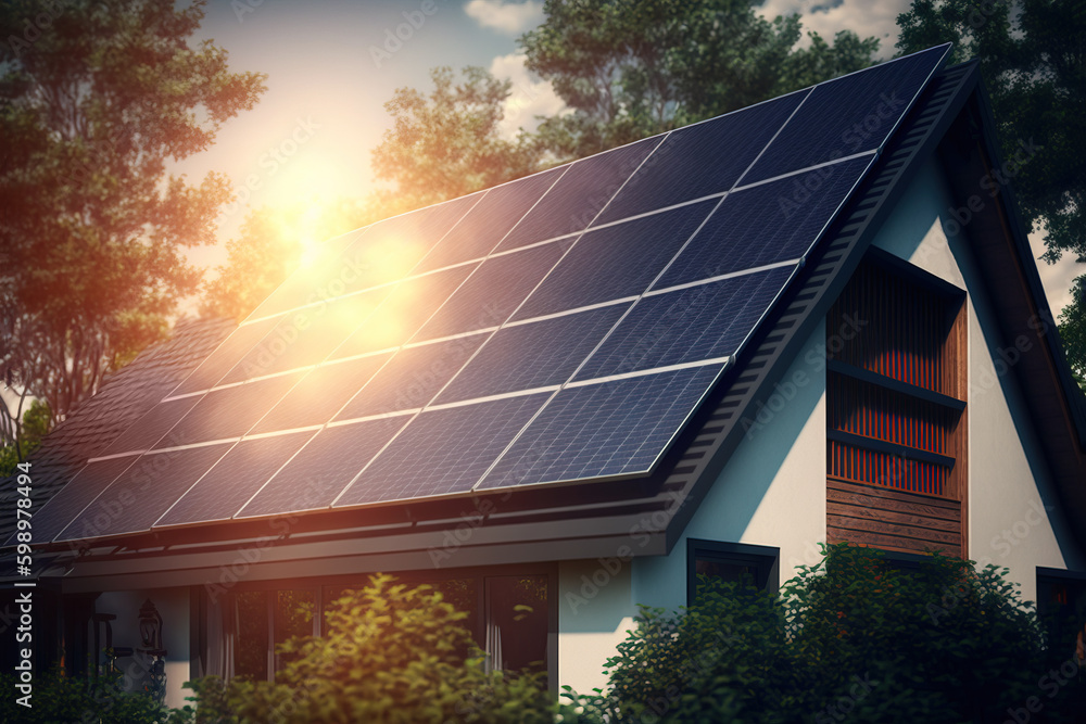 House roof with solar photovoltaic panels. Solar energy is harnessed ...