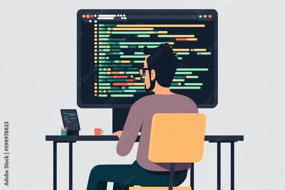 Back view cartoon illustration of coder at office table working on big ...