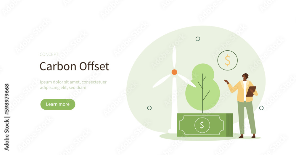 Emissions offset. Character showing benefits of renewable energy and ...