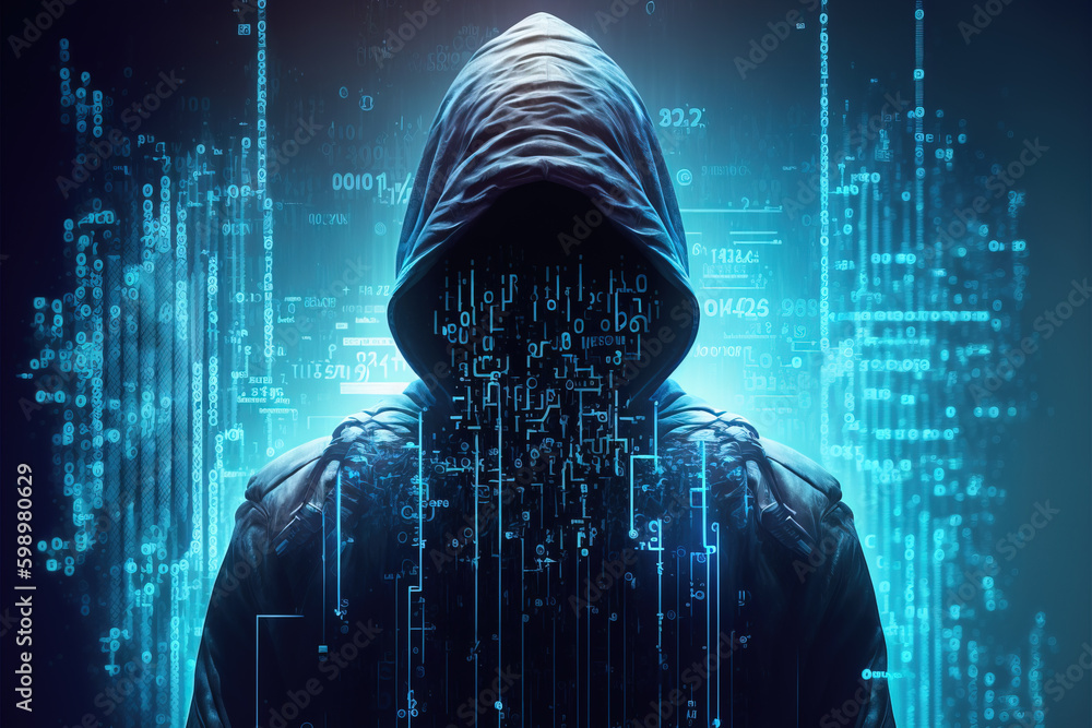 Abstract image of unrecognizable hacker cyber criminal in hood with ...