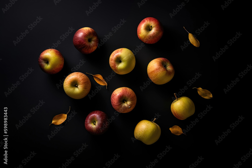 Generative AI image of top view of assorted ripe organic whole apples ...
