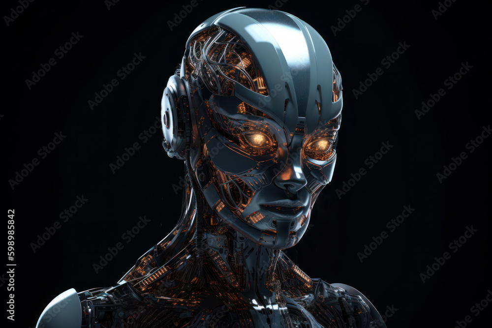 AI generated illustration of isolated head of futuristic cyborg with ...