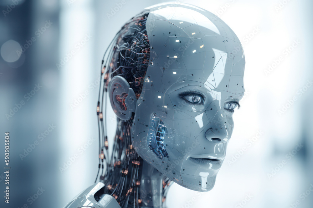 Generative AI illustration of young female detailed cyborg with ...