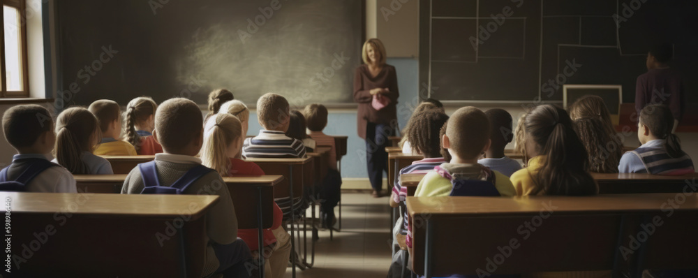 Generative AI illustration of class full of children listening to ...