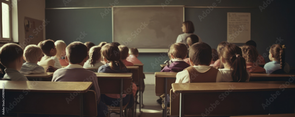 Generative AI illustration of class full of children listening to ...