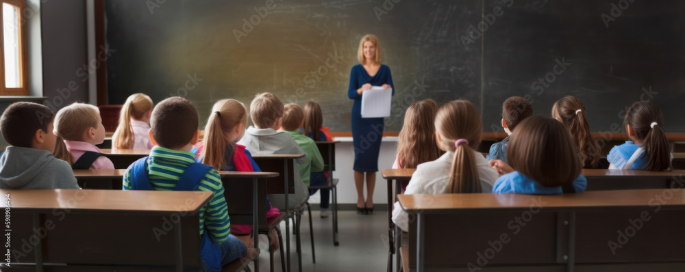 Generative AI illustration of class full of children listening to young ...