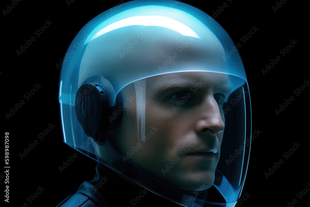 Generative AI illustration of serious futuristic bald man wearing ...