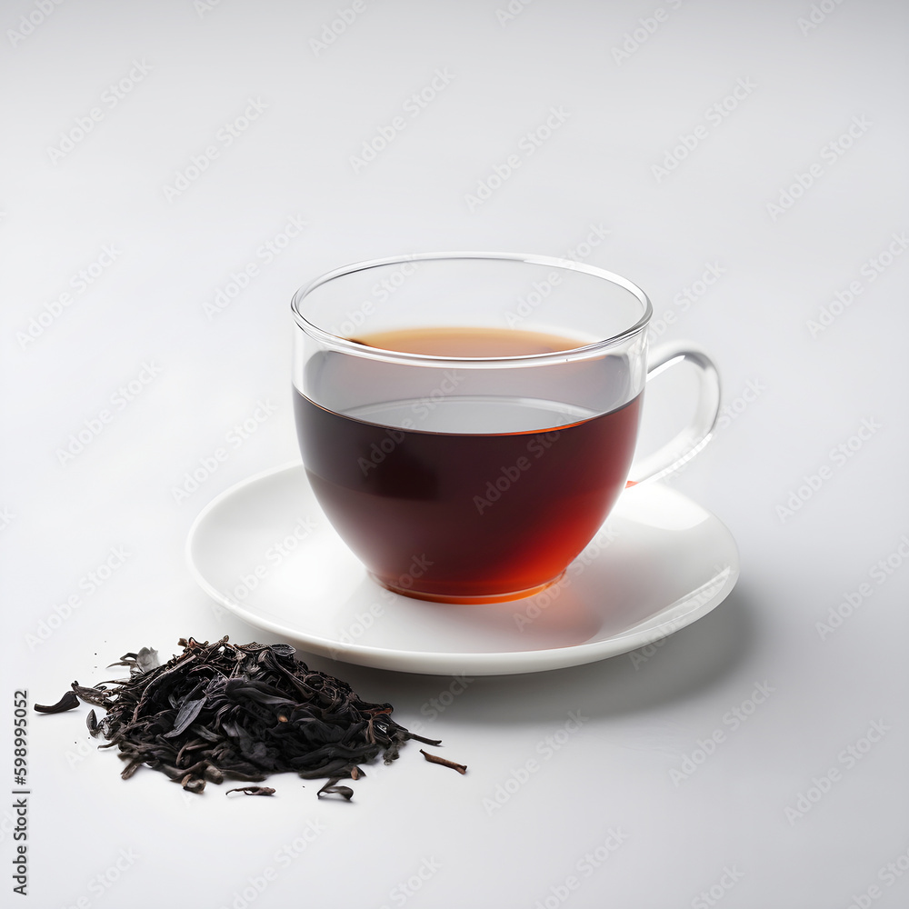 Cup of freshly brewed black tea and dry black tea on white background ...