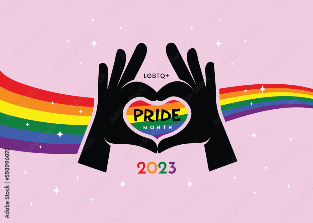 Pride month love hand gestures, pride day, rainbow flag, stars in pink ...