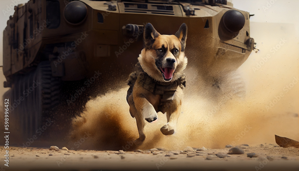 War dog running with battle tanks in full battle in the desert ...