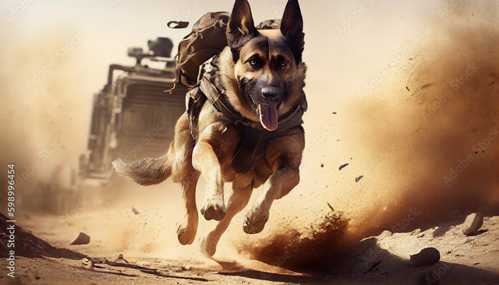 War dog fighting and running in full battle in the desert. Generated ...