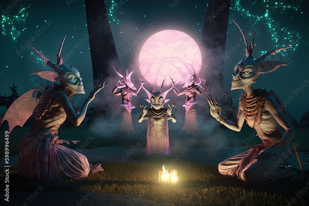 Quirky elf-like creatures performing a ritual under a full moon ...