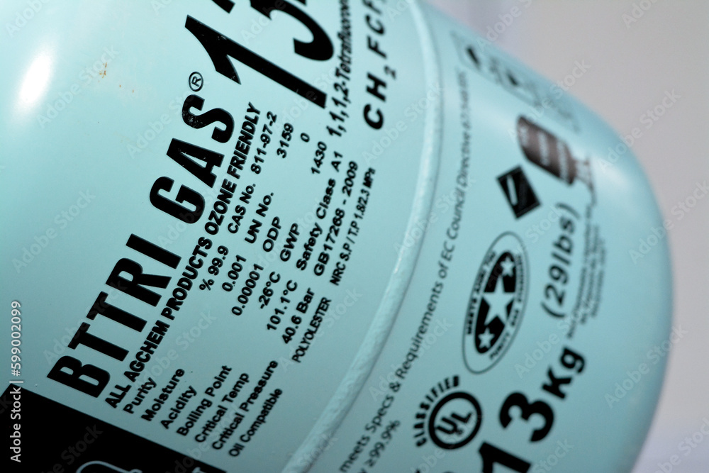 Cairo, Egypt, May 2 2023: BTTRI GAS R -134a Freon , a colorless gas at ...