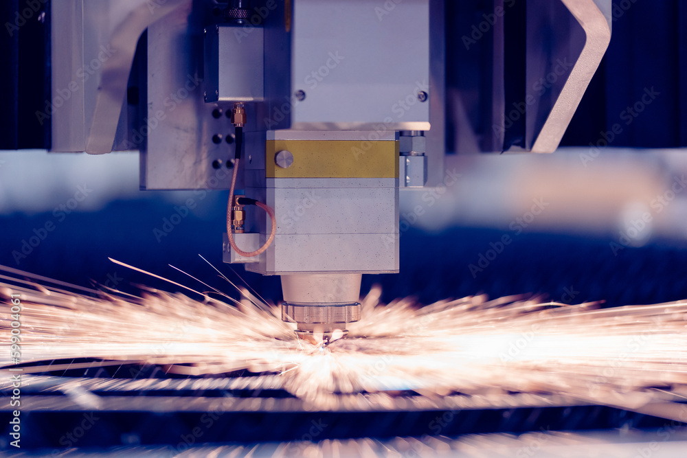 Industrial CNC Laser background with light spark, industry machine ...